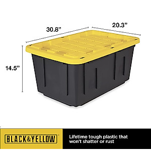 BLACK & YELLOW CX, 27-Gallon Heavy Duty Tough Storage Container with Smart QR Label for Easy Itemization, Weather-Resistant, Stackable Bin with Snap-Tight Lid (14.3”H x 20.6”W x 30.6”D) [4 Pack]