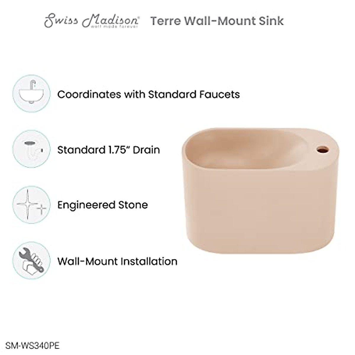 Terre 17.5" Right Side Faucet Wall-Mount Bathroom Sink in Pastel Peach