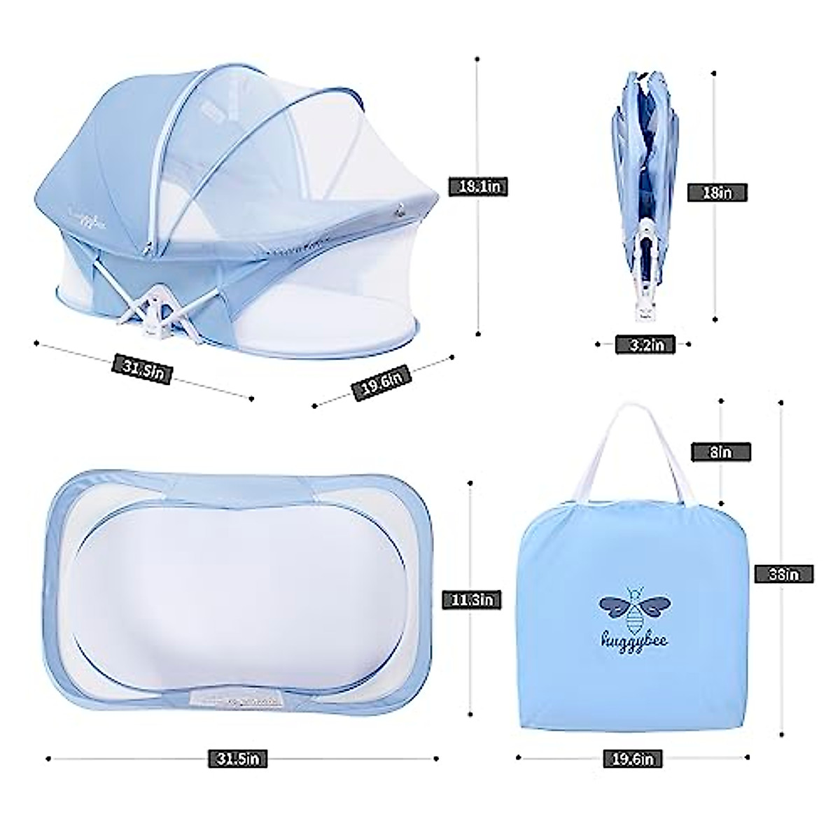 Huggybee Baby Travel Bassinet,Portable Bassinet with 2 in 1 Canopy for Newborn,Baby Lounger Baby Crib Co-Sleeping Bed with Mosquito Net