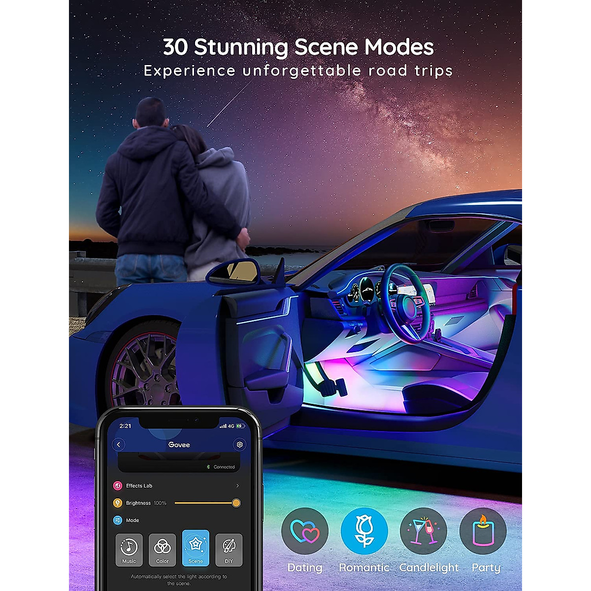 Govee Smart Car LED Strip Lights, RGBIC Interior Car Lights with 4 Music Modes, 30 Scene Options and 16 Million Colors, APP Control 2 Lines Design LED Car Lights for SUVs, DC 12V