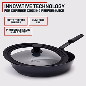 Uno Casa Carbon Steel 12 Inch - Non-Stick Blue Frying Pan with Universal Lid, Quick Heating Skillet - Chef Pan with Removable Silicone Handle