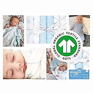 Bloomsbury Mill - Pack of 6 Super Soft Muslin Receiving Blankets - 100% Certified Organic Cotton in Gifting Ribbon Stars, Chevrons & Polka Dots Designs - Blue & White - 28" x 28"