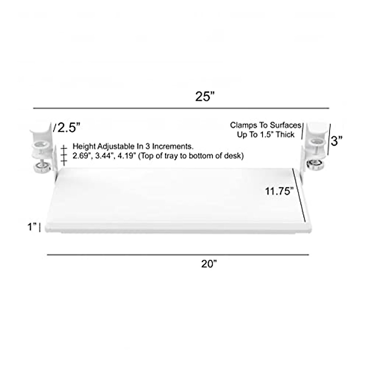 Stand Up Desk Store Compact Clamp-On Retractable Adjustable Keyboard Tray/Under Desk Keyboard Tray | Increase Comfort and Usable Desk Space | for Desks Up to 1.5" (24.5" x 11.5") (White) (Small)