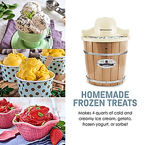 Elite Gourmet EIM-924L## 4 quart Old Fashioned Vintage Appalachian Wood Bucket Electric Ice Cream Maker Machine with Leak-Proof Liner, Uses Ice and Rock Salt Churns Ice Cream in Minutes, 4 Qt, Pine