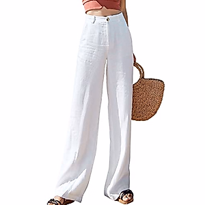 Hooever Womens Casual High Waisted Wide Leg Pants Button Up Straight Leg Trousers (White, M)
