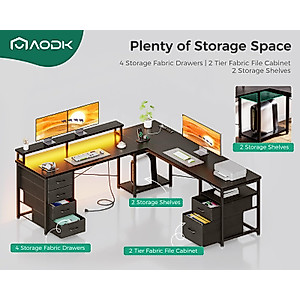 AODK 66" L Shaped Computer Desk, 113“ Reversible Home Office Desk with File Cabinet & 4 Fabric Drawers, Two Person Desk with LED Lights & Power Outlet, Corner Gaming Desk with Monitor Shelf, Black