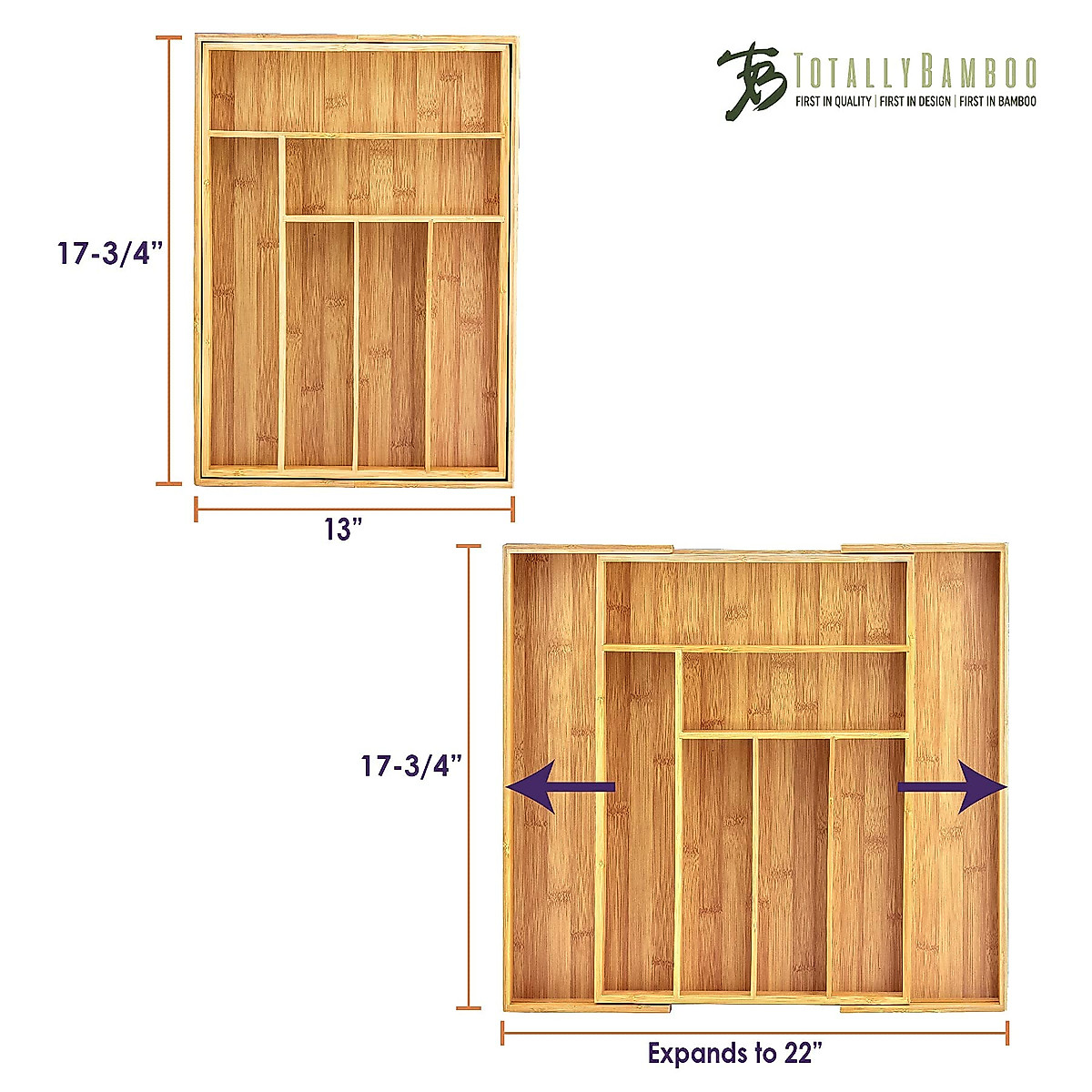 Totally Bamboo Kitchen Drawer Organizer, Expandable Silverware Organizer and Utensil Holder, 8 Compartments with Dividers