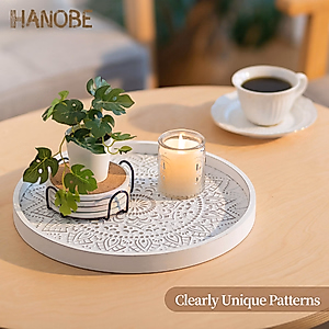 Hanobe Decorative Coffee Table Tray: Round Wood Trays for Boho Home Decor White Farmhouse Rustic Centerpiece for Living Dining Room Ottoman Kitchen Counter 12 Inch