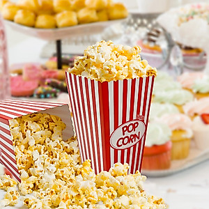 SNAIL GARDEN 30Pcs 46oz Popcorn Boxes, With 20Pcs Movie Snack Decoration Cupcake Toppers, Red/White Food Container,Disposable Durable Paper Boxex For Hollywood Theme Baby Shower Kids Birthday Party