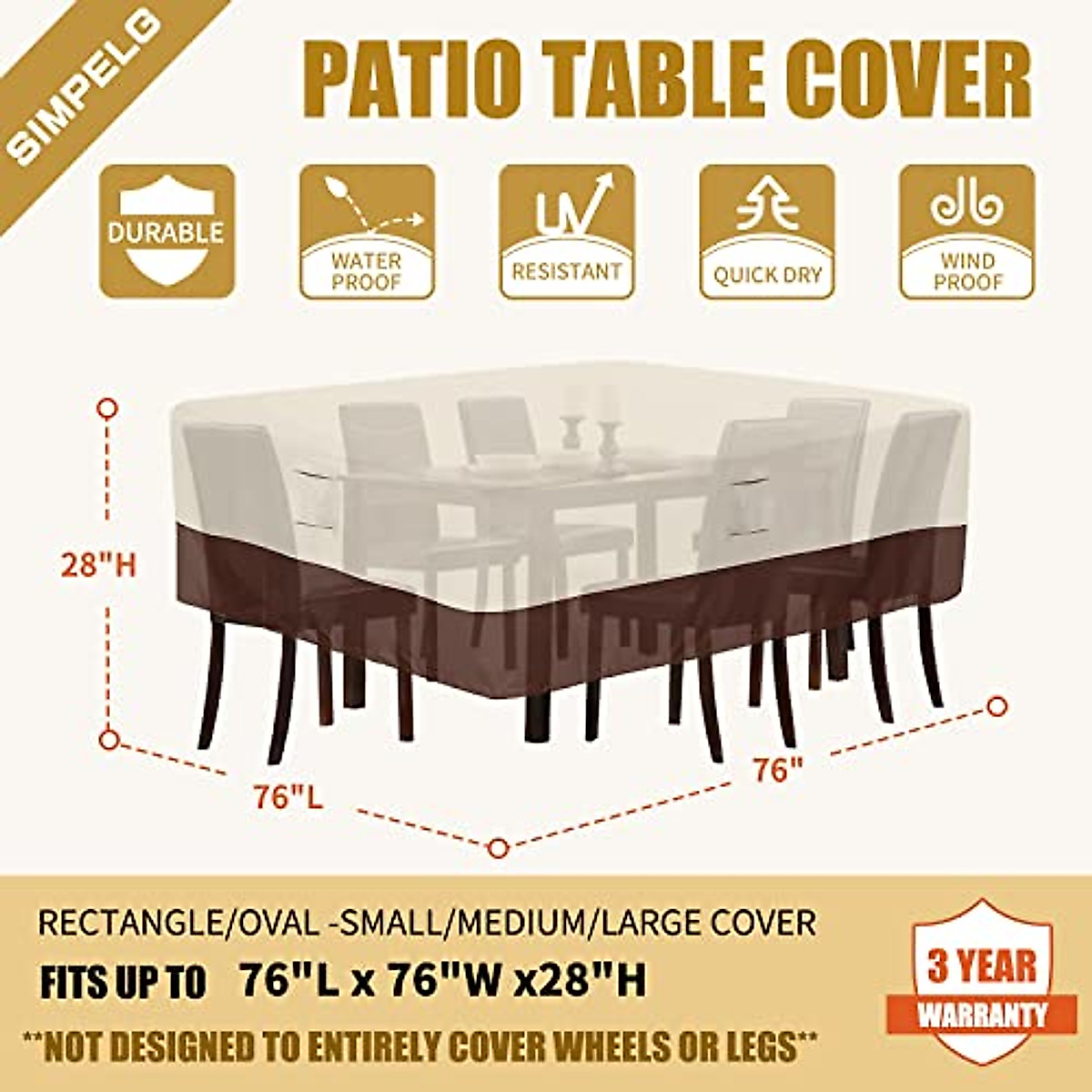 Simpelg Patio Furniture Covers, Outdoor Furniture Cover Waterproof, Outdoor Table and Chair Set Covers Heavy Duty 600D, Lawn Furniture Cover and Patio Dining Set Covers, Square (76"L x 76"W x 28"H)