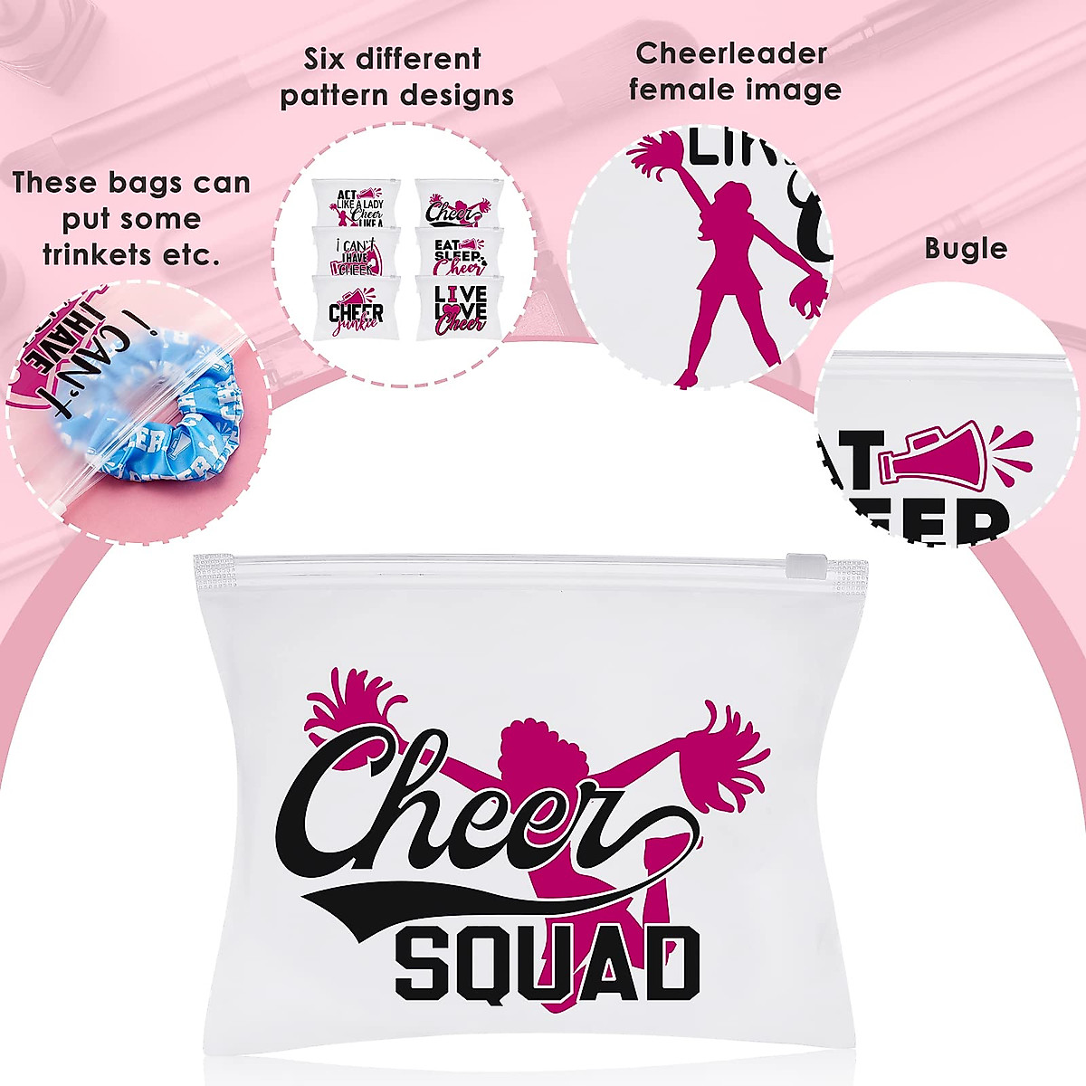 60 Pieces Cheer Makeup Bag Cosmetic Cheerleading Case for Girls Zipper Cheer Makeup Case Cheerleader Travel Pouch Portable Cheerleading Bag for Women Teammates Toiletry Accessories Gifts, 6 Styles