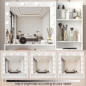 Palimder Vanity Dresser with Mirror & Light, Large Drawer & Three Level Storage Dresser, 3 Lighting Modes Adjustable Brightness, Bedroom Dressing Table (White)