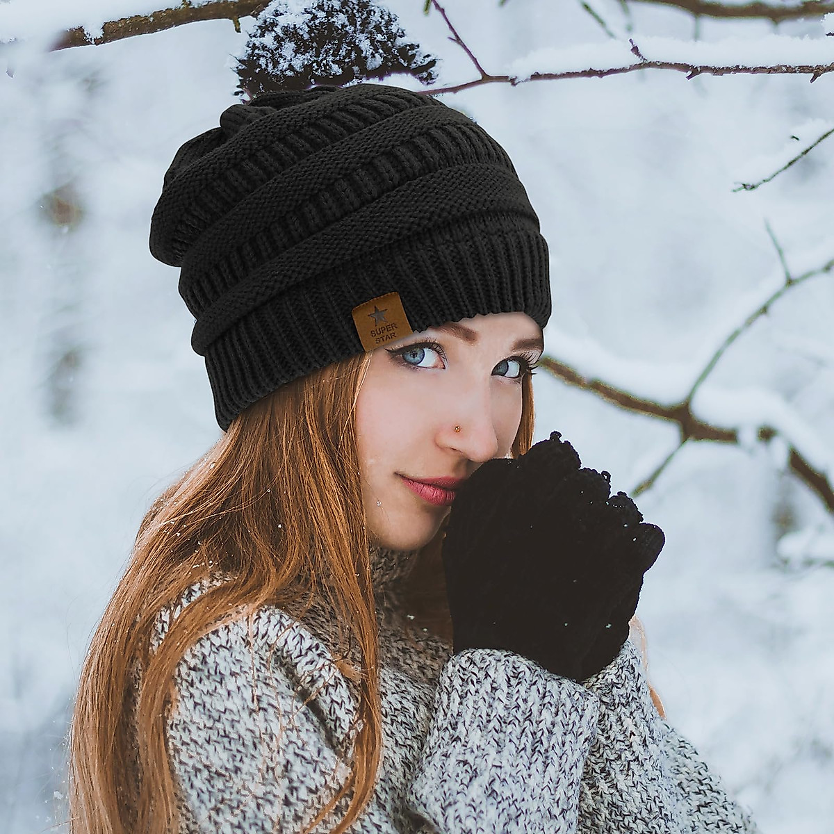 Durio Womens Beanie Knit Beanie Hat for Women Fleece Lined Thick Black Beanie Winter Beanies D Black