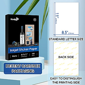 Koala 100 Sheets Sticker Paper Matte White, 8.5x11 Inch Printable Full Sheet Label Paper for Inkjet Printers