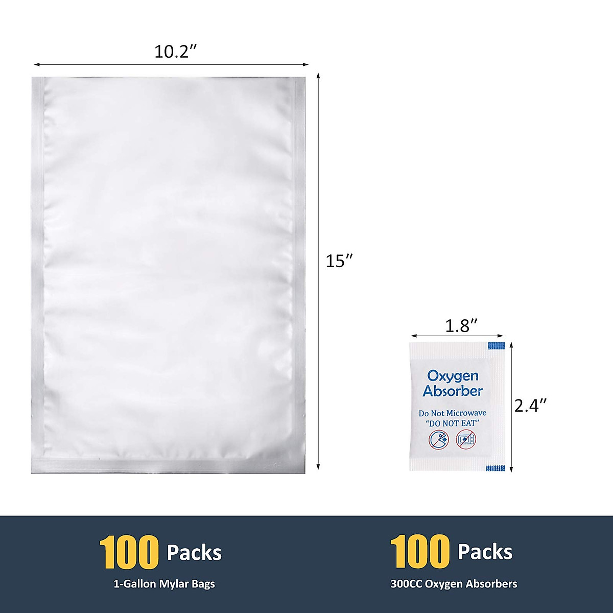 wisedry [100 Packs] 1-Gallon Mylar Bags (4 Mil, 15''x10'') with 300cc Oxygen Absorbers Packets for Dehydrated Vegetables, Grains, Legumes and Emergency Long Term Food Storage, Food Grade