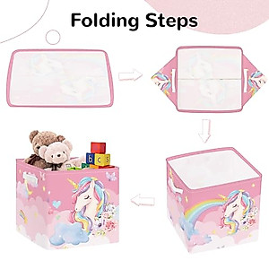 Clastyle 3 Pcs Unicorn Cloud Kid Storage Cube Organizer Set Rainbow Closet Clothes Cube Storage Bin Pink Nursery Toddler Toy Box Chest Flower Book Shelf Basket