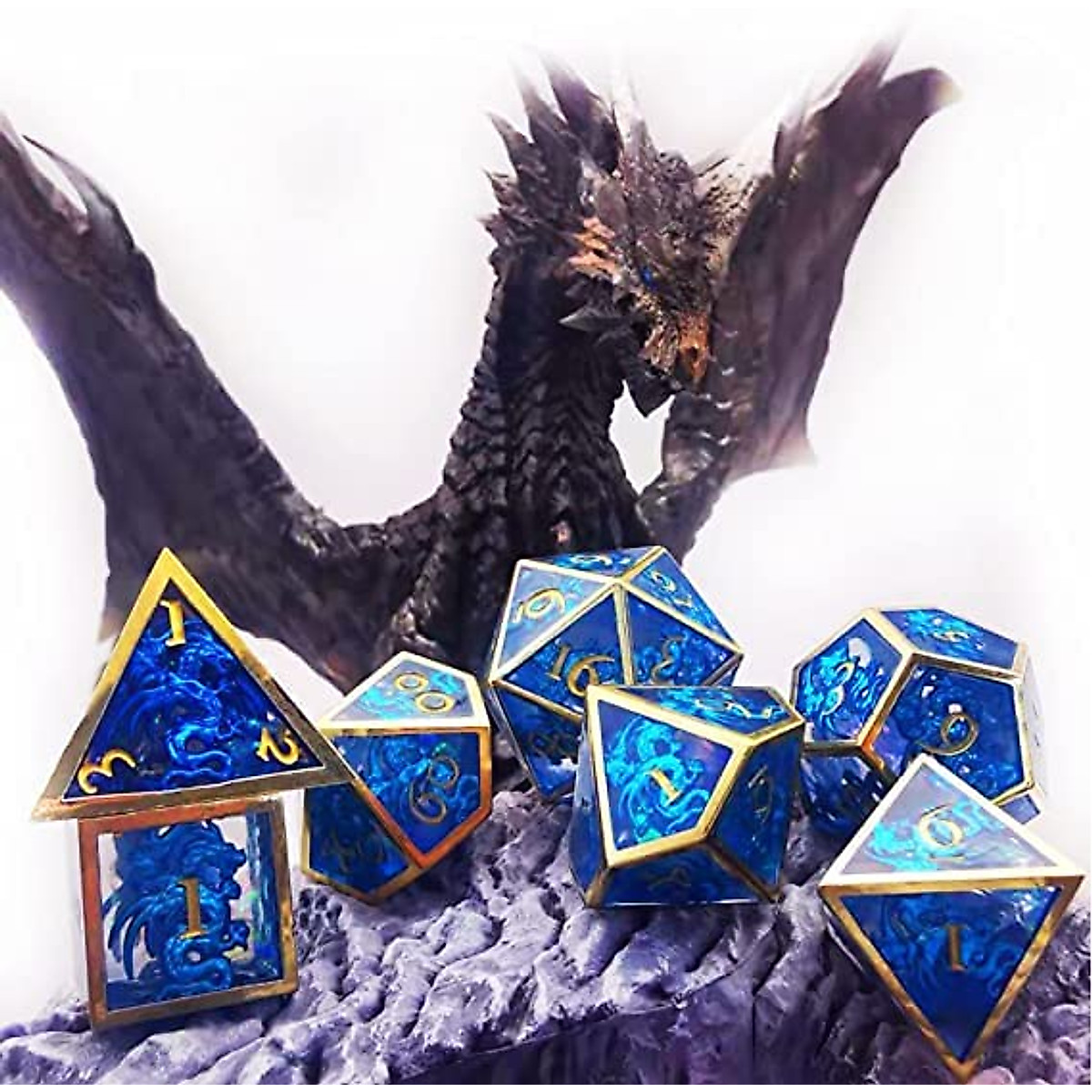 HAOMEJA Hollow Metal + Resin Dragons Dice Set DND 7 Set Dice Role Playing Dice D&D Dungeons and Dragons (Blue)