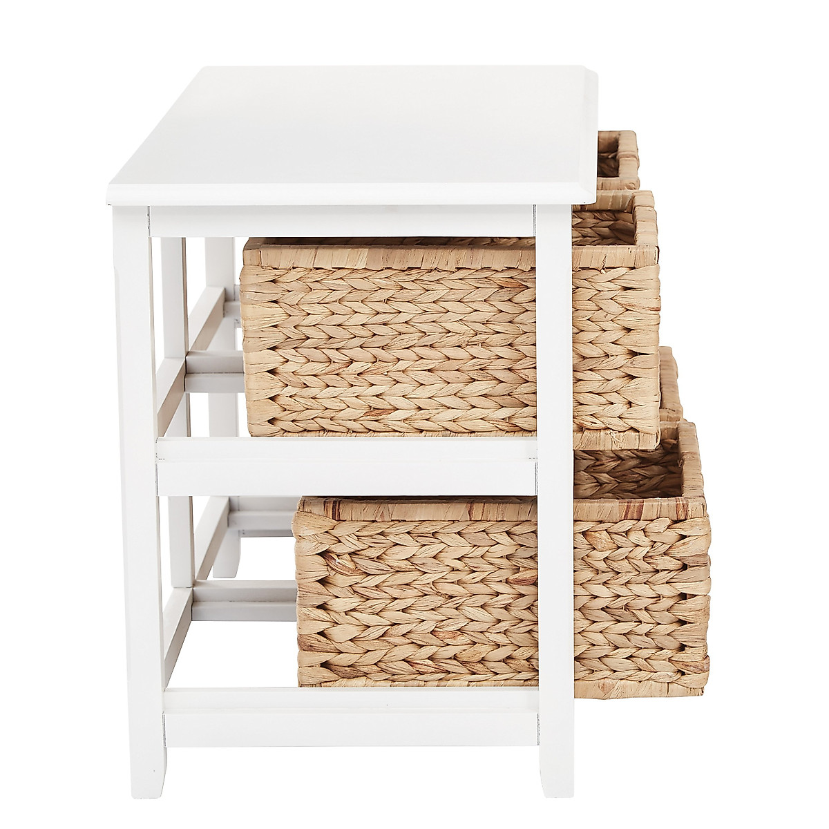 OSP Home Furnishings Seabrook Storage Tower with Solid Wood Frame and Natural Baskets, 2-Tier, 4-Drawer, White Finish