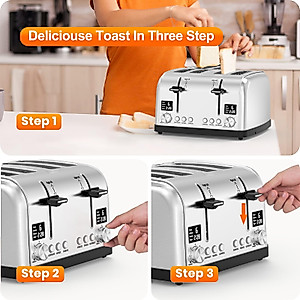 Toaster 4 Slice,Ultra-Clear Led Display, Dual Control Panels With Independent Settings,Retro Stainless Steel Toater with 6 Shade Settings,4 Slice Toaster with Bagel Lainsten Toaster T-5057D (Silver)
