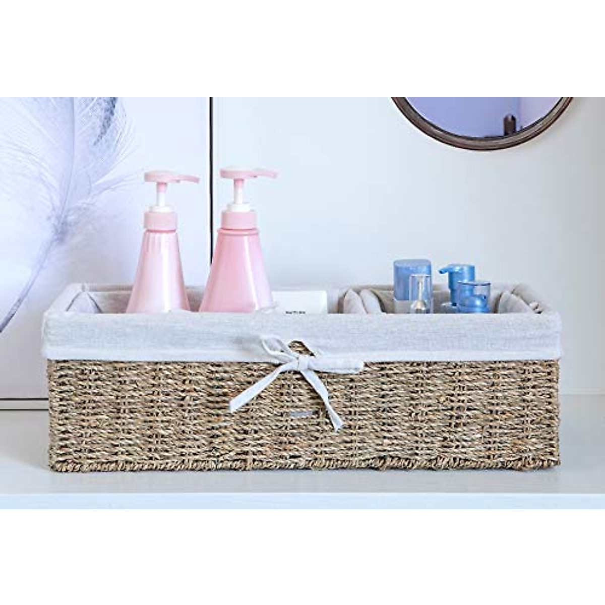Vintiquewise Seagrass Small Shelf Storage Basket with White Lining (Set of 3)