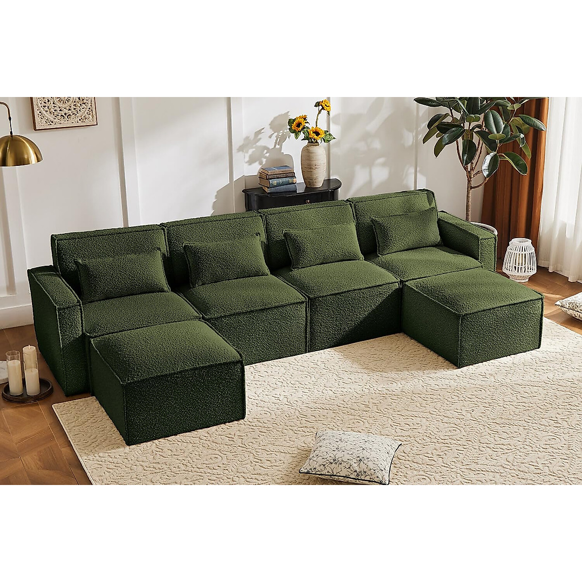 ABCASA 120" Modular Sectional Couches for Living Room, Modern 6 Seater U Shaped Sofa Couch - Boucle Green