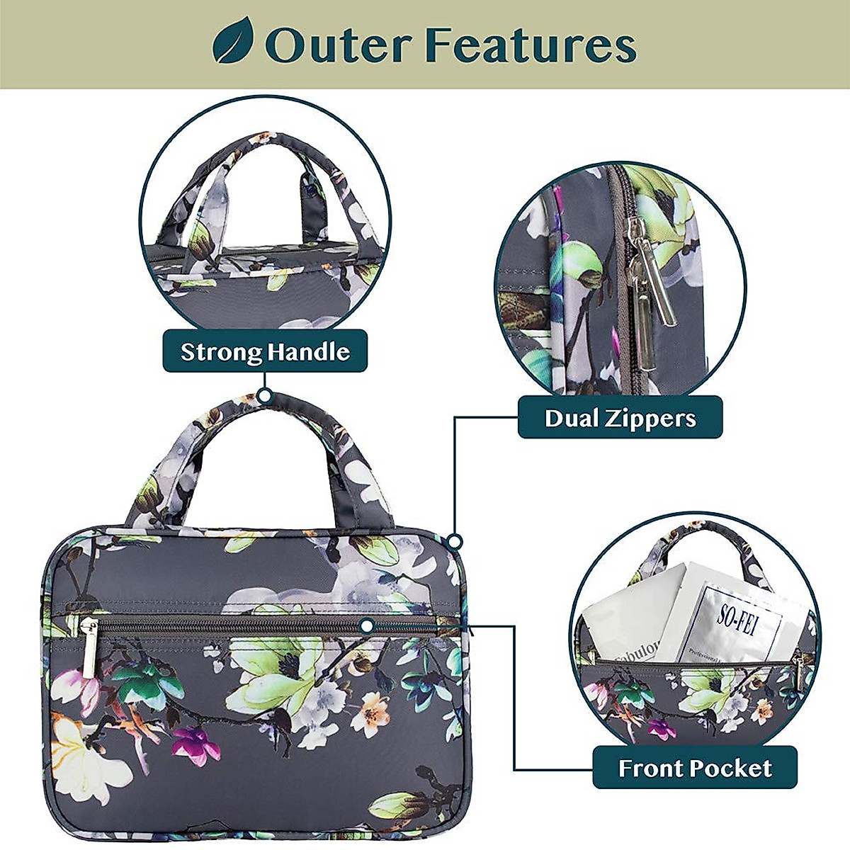 PAVILIA Hanging Toiletry Bag Travel Bag Women Men, Foldable Cosmetic Organizer, Roll up Makeup Bag, Water Resistant Accessories Toiletries, Large Travel Essentials Kit (Grey Floral)