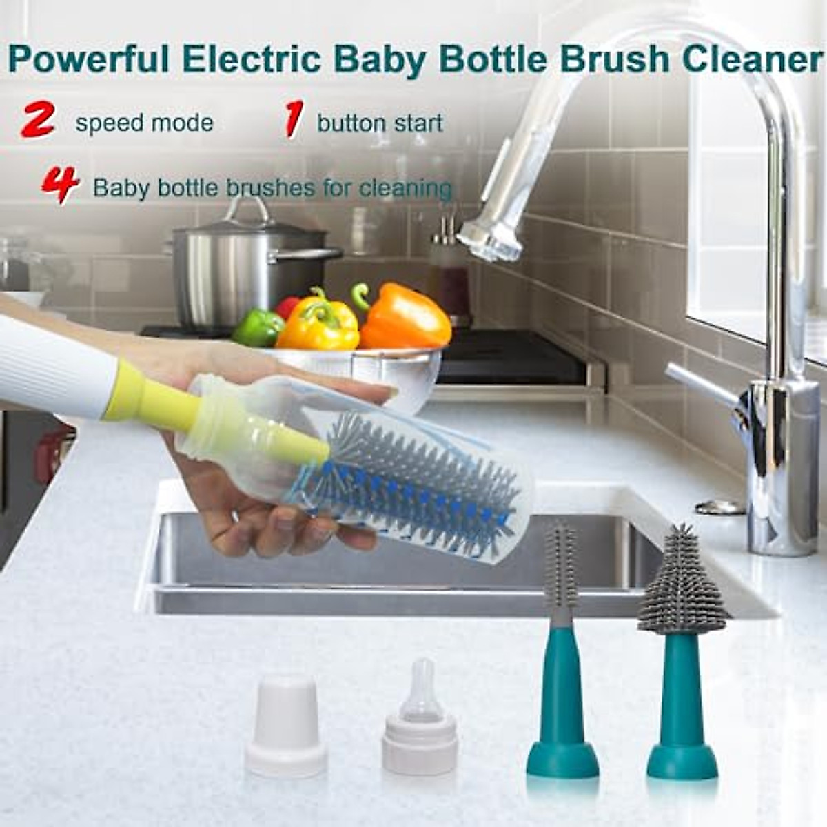 WHNL Electric Bottle Brush Set, 360°Automatic Bottle Cleaner Brush with 3 Sizes Replaceable Silicone Bottle Brush and Straw Cleaner Brush,Extension Handle for Long Bottles.IPX65& Rechargeable (Green)