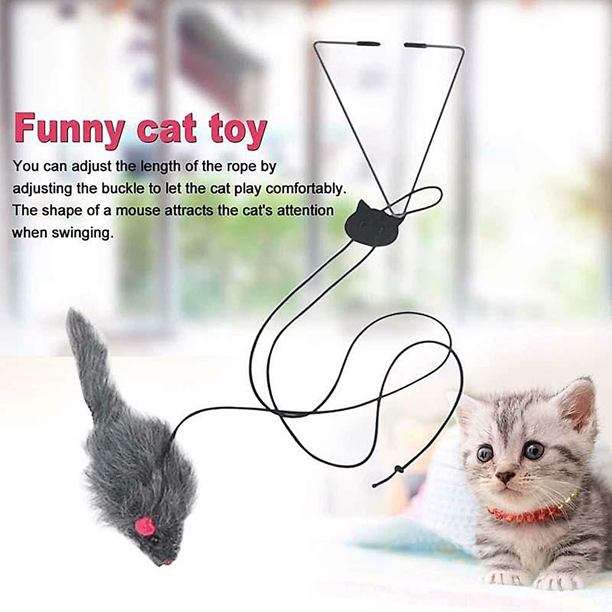 YUGYUJ Cat Toy Rope Mouse Play Supplies, Hanging Retractable Cat Catching Mouse Toy, Funny Door Hanging Bouncing Mouse Retractable Plush Mice Cat Interactive Toy (Black)