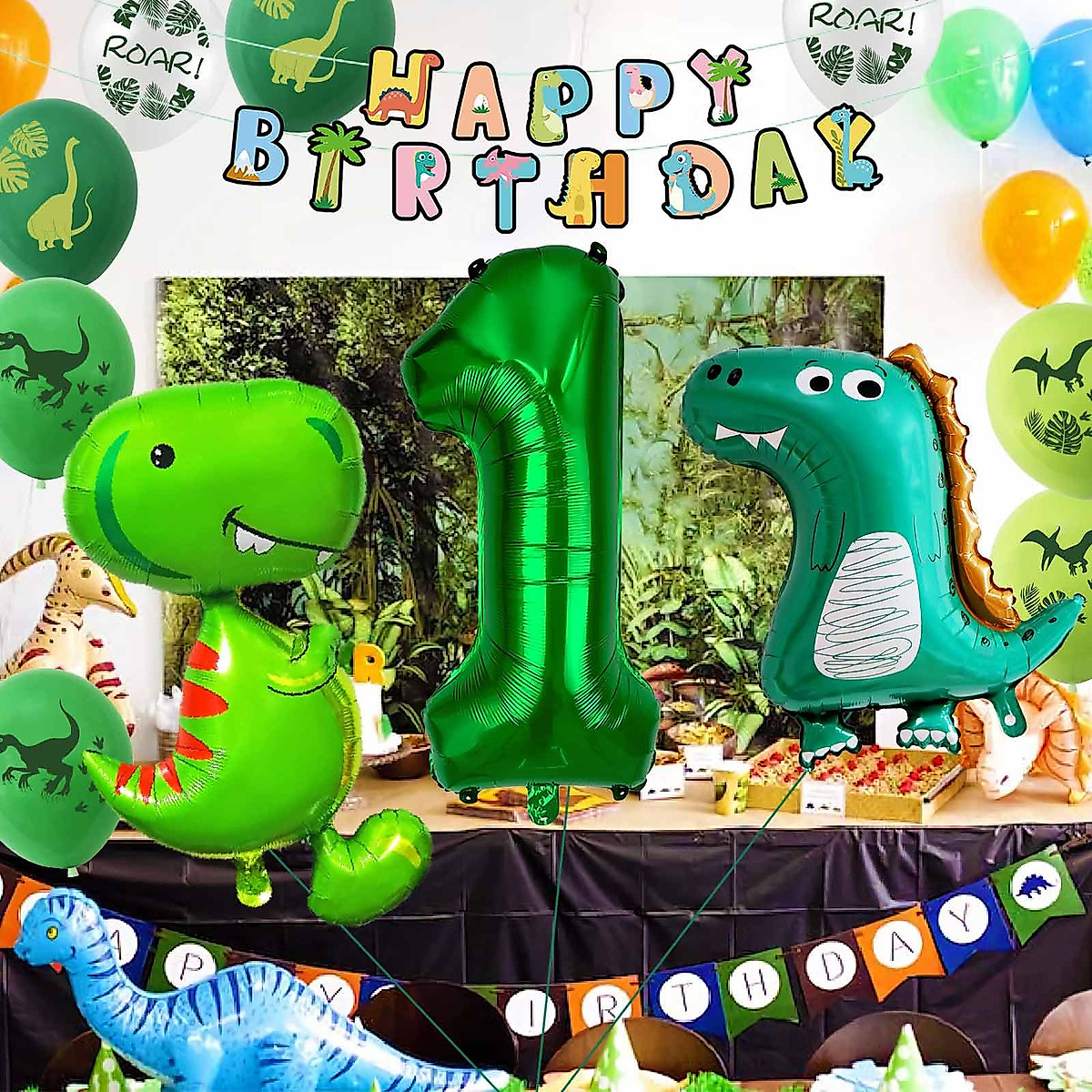 Dinosaur First Birthday Decorations, Large Dinosaur Foil Balloons, Happy Birthday Banner, Number 1 Balloon, Dinosaur Printed Balloons for Girl Boy 1st Birthday Party Decorations Baby Shower Supplies