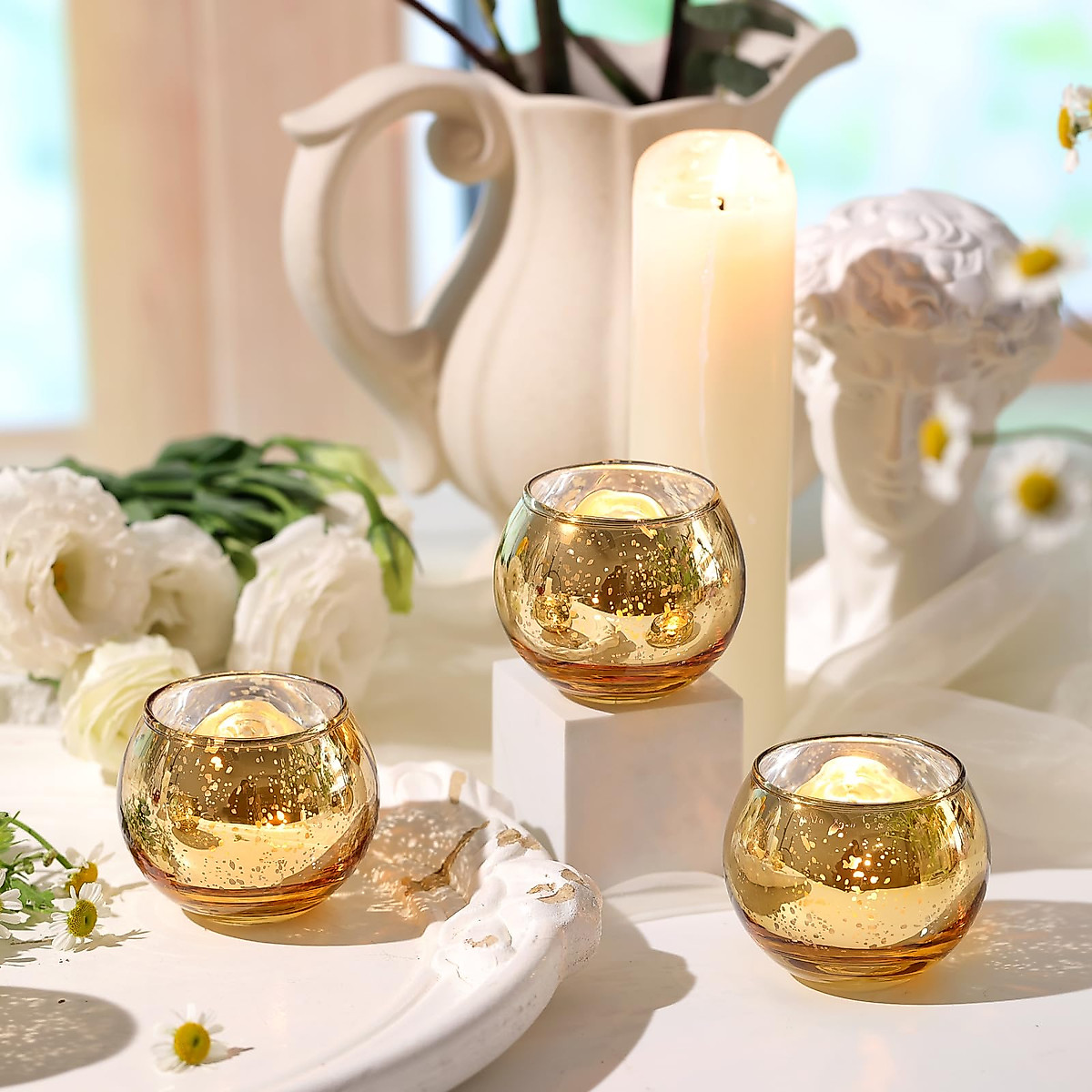 Volens Round Gold Votive Candle Holders, Mercury Glass Candle Holder Set of 12