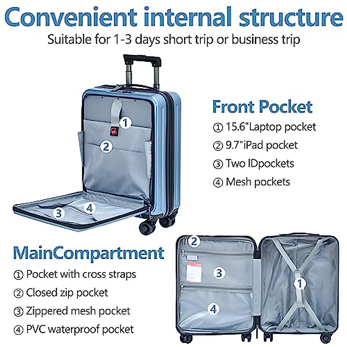 TydeCkare 20 Inch Carry On Luggage with Front Pocket, 21.65 * 15.35 * 7.87" Suitable for Airplane Overhead Bin, 34L PC+ABS Hardshell, Ice Blue