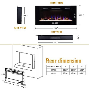 S-THROUGH Electric Fireplace Insert, Recessed and Wall Mounted Electric Fireplace Heater, 36 Inch Linear Electric Fireplace with Remote Control & Timer, Touch Screen, Adjustable Flame Color，750w/1500w