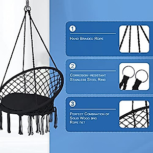 HFKJ Hammock Chair Hanging Rope Swing with Hardware and Cushion Handmade Knitted Mesh Hanging Chair with Macrame for Bedroom Patio Yard Garden, Max 330 Lbs…