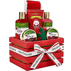 Bath and Body Christmas Gift Basket For Women and Men – Cherry Twinkle Bell Home Spa Set, Includes Fragrant Body Lotions, Bath Salts, Stocking Stuffer, Loofah Scrubber and More