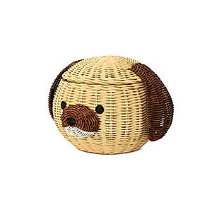 G6 COLLECTION Dog Rattan Storage Basket with Lid Decorative Bin Home Decor Hand Woven Shelf Organizer Cute Handmade Handcrafted Gift Art Decoration Artwork Wicker Puppy (Dog Head)