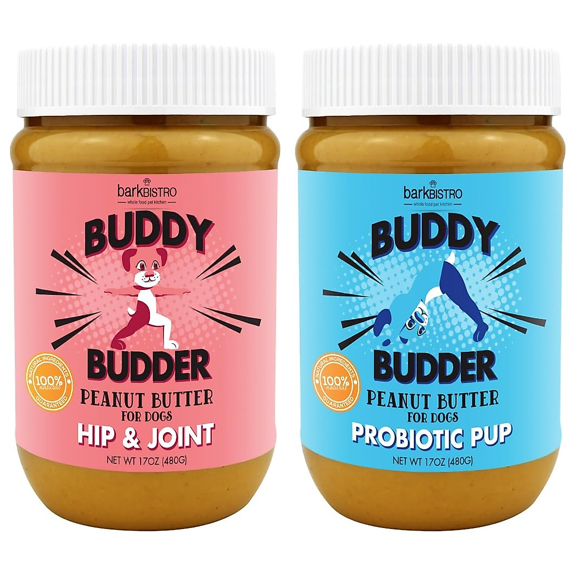 Bow-Wow Blueberry (probiotic + prebiotic) + Cranberry Canine (hip + joint) BUDDY BUDDER, 100% Natural Dog Peanut Butter, Healthy Peanut Butter Supplements, Made in USA (17oz jars)