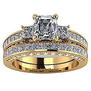 ringheart Couple Rings Three stone Yellow Gold Filled Princess cut Cz Womens Wedding Ring Sets Titanium Wedding Band