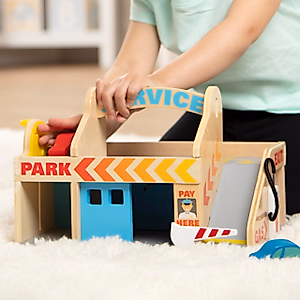 Melissa & Doug Service Station Parking Garage With 2 Wooden Cars and Drive-Thru Car Wash