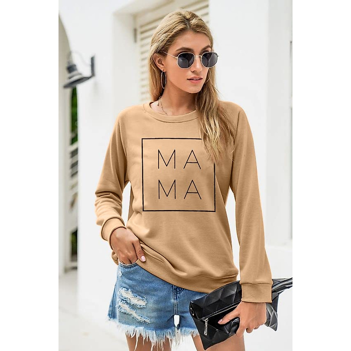 EGELEXY Mama Sweatshirt Women Funny Letter Print Mom Life Blouse Tops Casual Long Sleeve Pullover Tees (Apricot, Large)