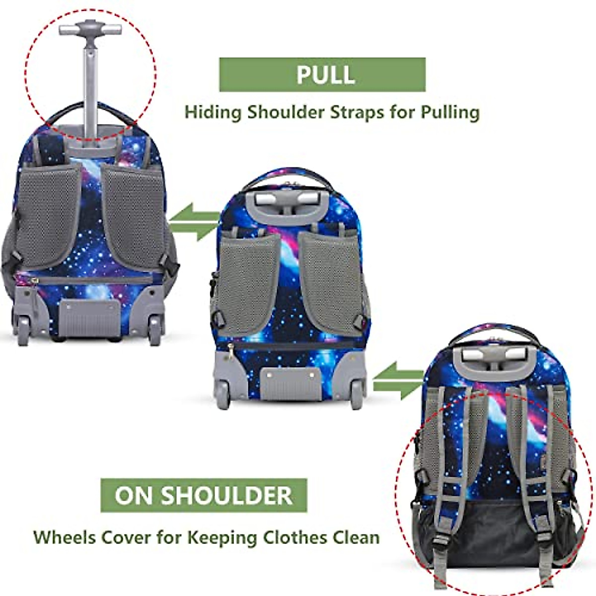 NEW TILAMI 18 Inch Rolling Backpack with Lunch Bag Wheeled Laptop Kids Backpack School Bags Trip Luggage, Deep Space