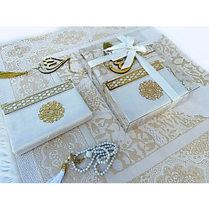 SAIKA Prayer Rug Set with Thanks Card, Full Arabic Quran Prayer Rug, Beads and Car Hanger Set,Ramadan Eid Wedding Birthday Graduation Mother's Day (Cream)