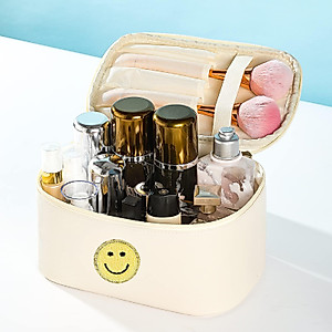 WALONER Preppy Patch Makeup Bag Leather Cosmetic Bag Large Makeup Pouch, Portable Waterproof Travel Toiletry Organizer,Toiletry Bag for Women Girls Gifts (White)