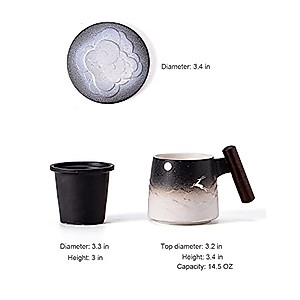 TANG PIN Moon Deer Ceramic Tea Mug with Infuser and Lid Coffee Mug with Strainer and Wooden Handle 14.5 OZ (Black&Blue)