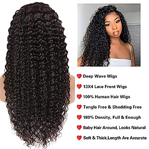 28 Inch Lace Front Wig Human Hair 13x4 Curly Wigs for Women Pre Plucked with Natural Baby Hair 180 Density Brazilian Virgin Deep Wave Frontal Wet and Wavy Wig Natural Color (28inch,Natural Black)