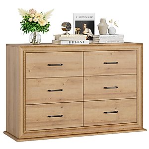 HIFIT 6 Drawer Double Dresser, 47.2" Wide Chest of 6 Drawers, Wooden Farmhouse Dressers for TV Stand, Storage Organizer Cabinet for Living Room, Hallway, Entryway, Oak, 47.2" Wx17.3 Dx32 H