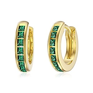 14K Gold Emerald Hoop Earrings, Solid Yellow Gold Created Emerald Green Hinged Hoops, St. Patricks Day Jewelry Birthstone Earrings for Women Ladies Her Mom, 11.5mm Diameters