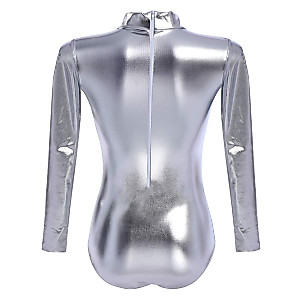 ODIZLI Women Shiny Metallic Long Sleeve Leotard Mock Turtleneck One Piece Bodysuit for Gymnastics Ballet Dance Silver, 2XL