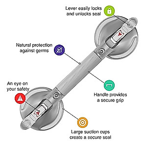 DAILYLIFE Suction Cup Grab Bar Bathroom, Tool Free Shower Handle, Portable Grab Handle for Bathtub, Safety Rail for Handicap Elderly Senior, Quick (Dis) Assemble, Heavy Duty (253 LB), 17 inch Silver