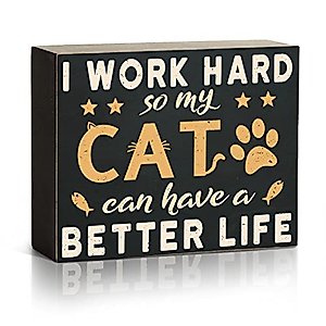 Putuo Decor I Work Hard So My Cat Can Have a Better Life Box Sign, Decorative Funny Inspirational Decor for Bedroom, Living Room, Gifts for Cat Lovers, 4.7 x 5.9 Inches