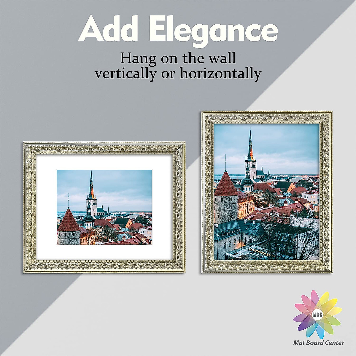 MBC MAT BOARD CENTER, 11x14 Ornate Picture Frame, Silver Beige Color, Matted to 8x10 - White Mat - Tempered Glass